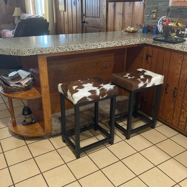 Custom Cowhide Counter Stool | Rustic Bar Stool With Steel Frame ...
