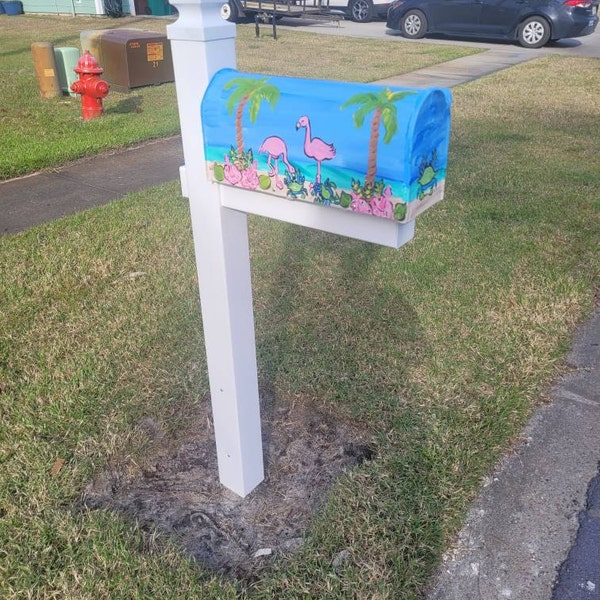 Hand Painted Mailbox: Flamingo & Crab Beach Scene - Etsy