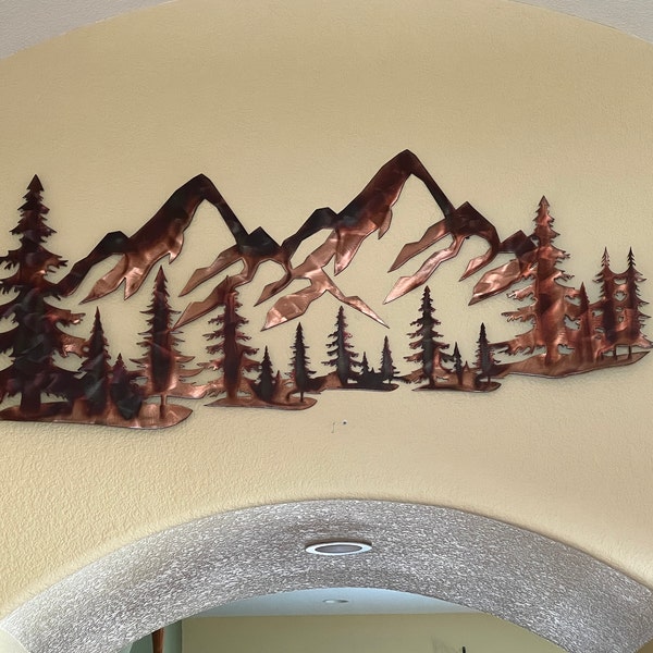 Copper Plated Metal Art Scene - Trees and Mountains - Etsy