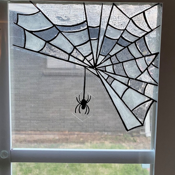 Spider Web Stained Glass Window Cling Halloween Decoration Hand Painted ...