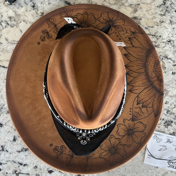 Custom Hand Burned Wide Brim Suede Fedora Hat Floral, Wildflower, Bull Skull, Longhorn, Concert ...