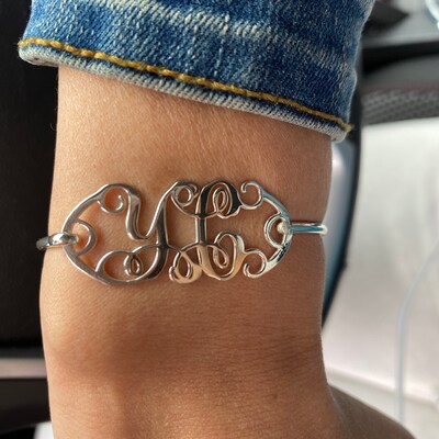 Silver Monogram Bracelet, 1.5 Inch 3 Initial Bracelet, Script Monogram ...