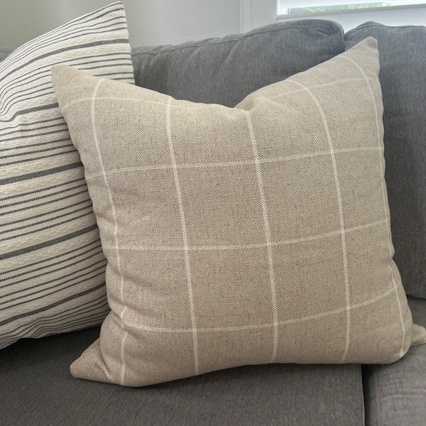 Natural and Cream Windowpane 100% Linen Pillow Covers, off White Cotton ...