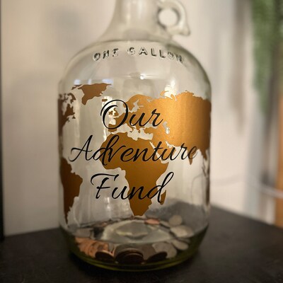 Our Adventure Fund World Map Money Jar Travel Fund 1 Gallon Glass Jug ...