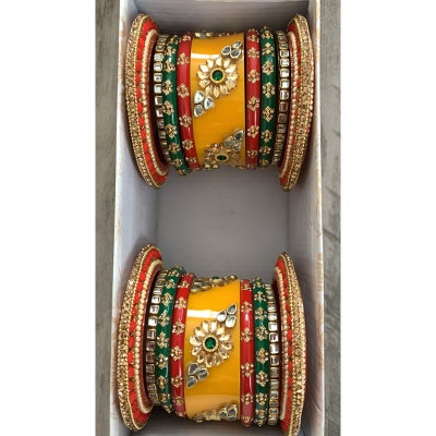 Ethnic Indian Bridal Red and Green Color Chura Set Heavy Glass Kundan ...