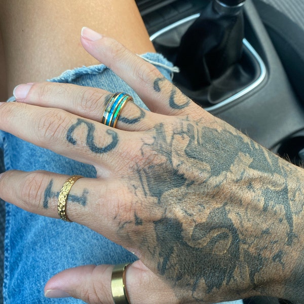 Mens Ring - 18K Gold Fire Opal Band Ring - Men's Gold Steel Ring - Mens ...