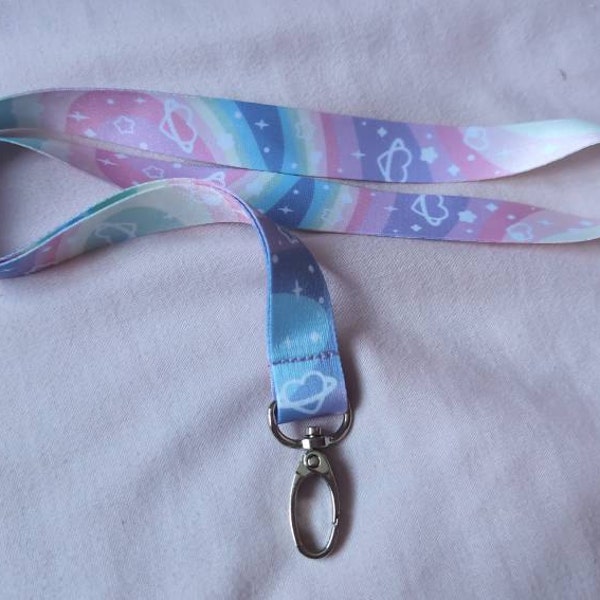 Rainbow Galaxy Lanyard With Clasp | Cute Pastel Stars and Hearts ...