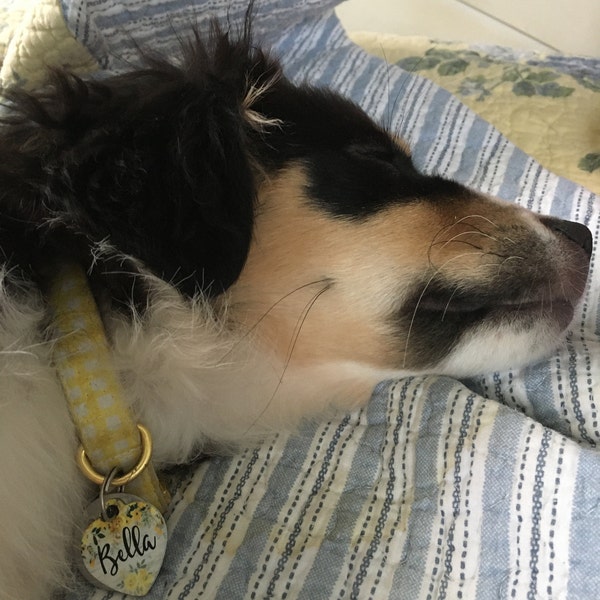 Yellow Flowers Dog Tag, Rustic Floral Dog Tag, Faux Wood ID, Cat ID Tag ...