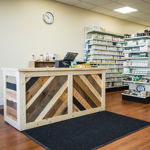 Vertical Oak Wood Slats Counter, Wood Retail Counter With One Shelf ...