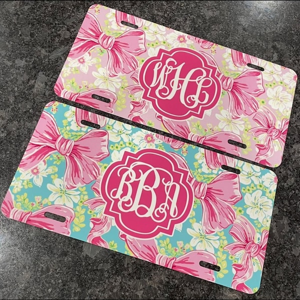 Flower and Bow Coquette Monogram License Plate, Pink Bow Name Car Tag ...