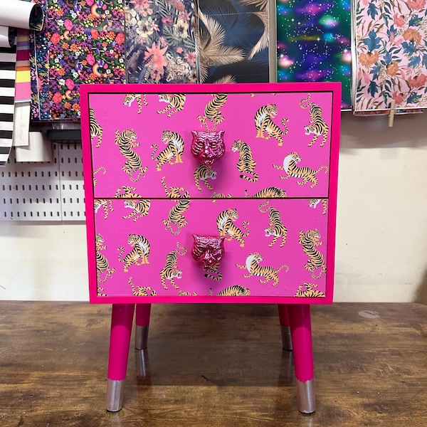 Pink Tiger Square Bedside Table, Two Drawers, Ideal Nightstand. Flamingo and Baby Pink With Gold ...