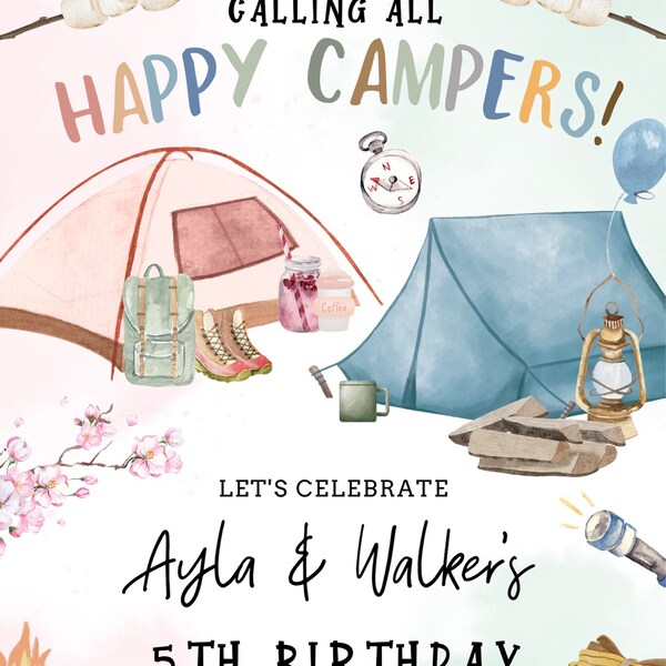 Editable Girl & Boy Camp Party Invitation Camp Out Birthday Invite ...