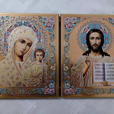 Folding Wooden Icon Double Icon Jesus Christ Mother of God Orthodox ...
