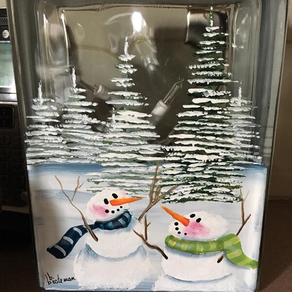 Glass Block-winter Trees With Snowmen - Etsy