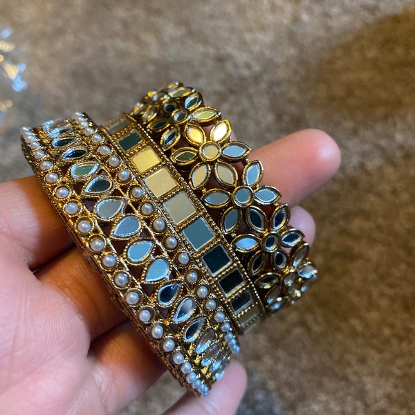 Bollywood Style Silver Mirror Pearl Bangles Set/punjabi Mirror Chuda Bangles Set/bridal Bangles ...