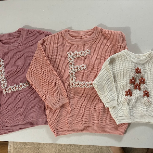 Floral Initial Sweater, Custom Knit Sweater, Hand Embroidered Letter ...