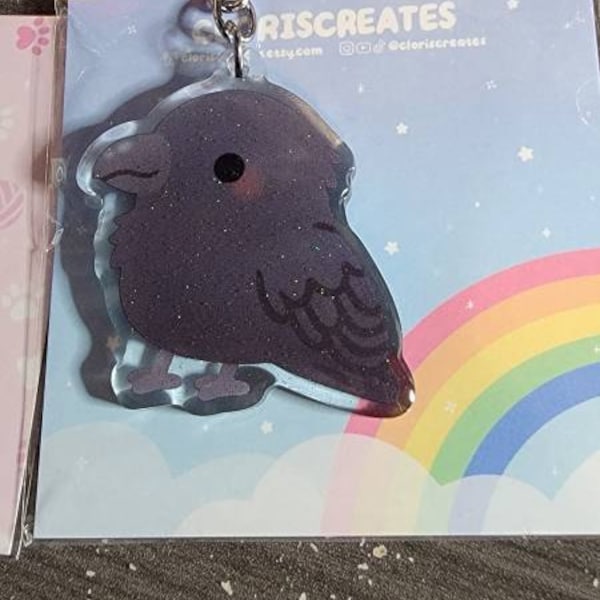 Raven Crow Corvid Bird Acrylic Glitter Keychain | Kawaii Chibi Wild ...