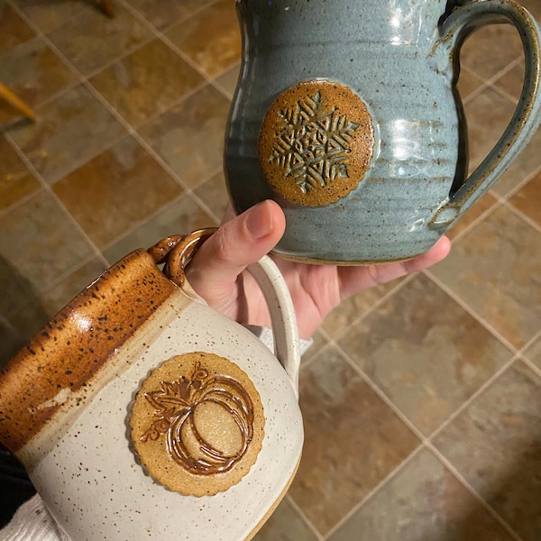 Winter Snowflake Pottery Coffee Mug With Thumb Rest Clay Holiday ...