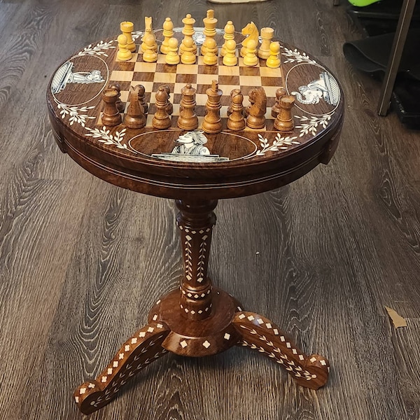 Handmade Round Chess Table in Natural Inlay Wood - Custom Sizes ...