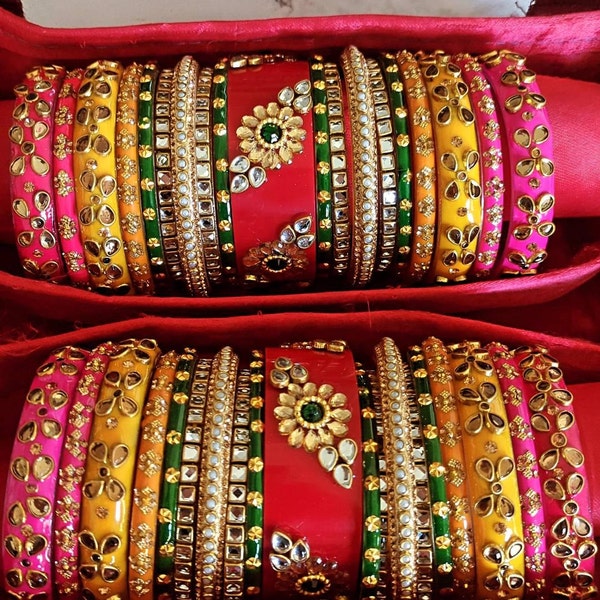 Indian Bridal Red Photo Chura Set, Designer Hanging Pearls Bangles ...