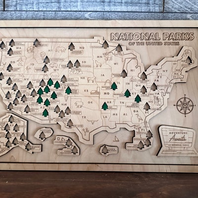 National Park Map Wooden Checklist, All 63 Parks, US Wood Wall Art Home ...