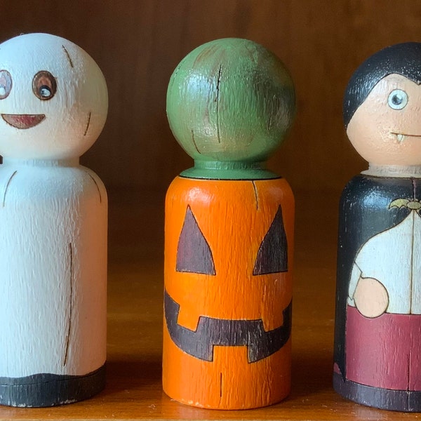 Halloween Peg Doll Set - Wooden Toy/decor - Mummy Pumpkin Witch Vampire ...