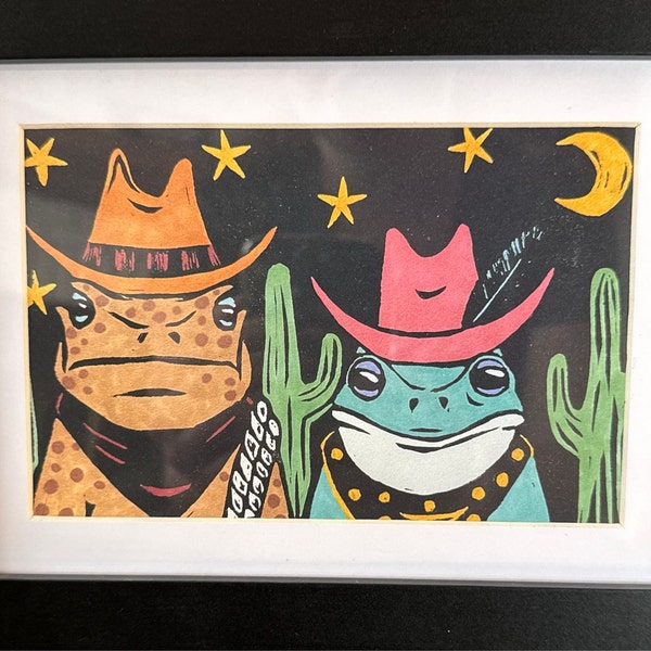 Framed Cowboy Frog Print Ready to Hang 4x6 Wall Print Whimsical Funny ...