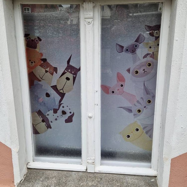 Window Privacy Film Frosted UV Blocking Window Film Cute Cat Dog ...