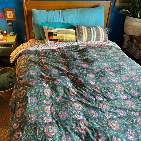 Hand Block Print Cotton Throw, Green Palm Hand Woven Blanket, India ...