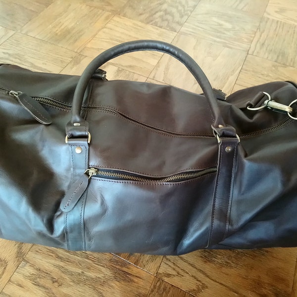 Full Grain Leather Duffle Bag in Dark Brown With Personalized Initials ...