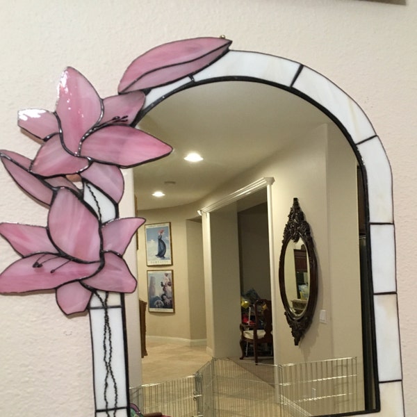 Lily and Cardinal Mirror Stained Glass Panel Pink Hanging Mirror Mother ...