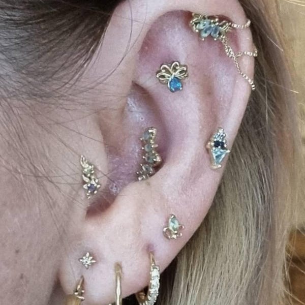 14K Solid Gold Moss Agate Rook Eyebrow Earring 3 Marquise Flower Curved ...