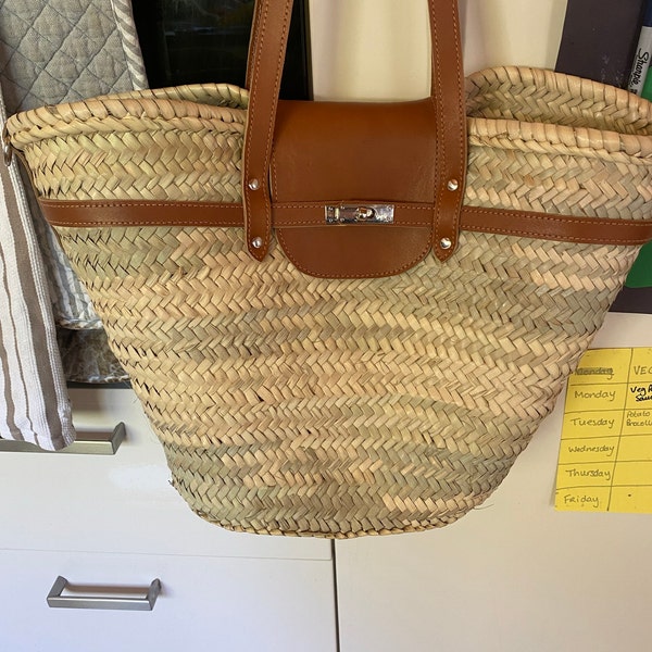 Handmade Large Straw French Baskets With Leather Straps, Straw Basket ...