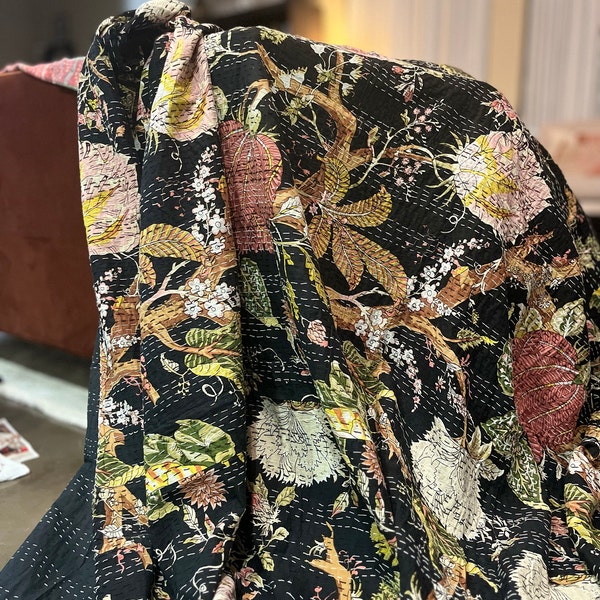 Indian Black Floral Print Queen Pure Kantha Quilt Quilt Cotton Throw ...