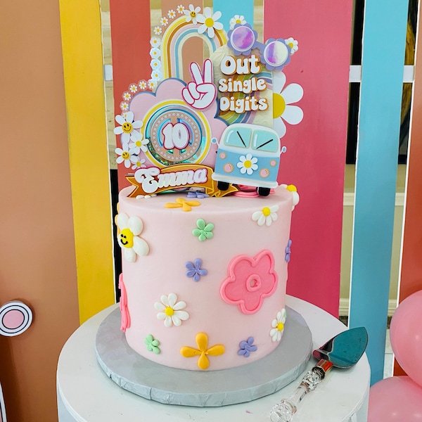 Peace Out Single Digits Cake Topper W/ Confetti & LED Lights Groovy ...