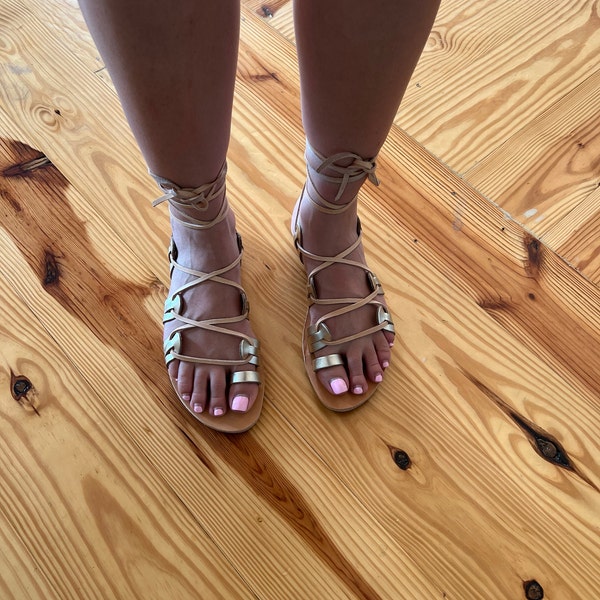 Women’s Greek Toe-ring Lace-up Sandals – Black, Flat Leather Footbed ...