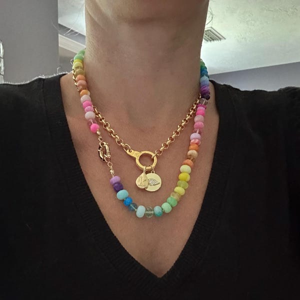 Rainbow Ombre Jade Gemstone Hand Knotted Bead Necklace, 14K Gold Filled ...