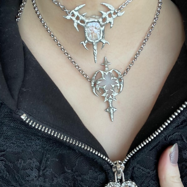 Spiky Cybersigilism Pendant Necklace With a Cross Shaped Labradorite ...