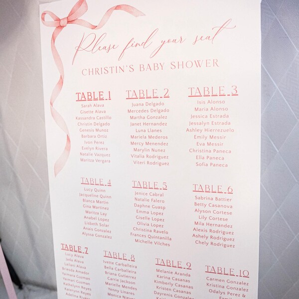 Editable Dusty Pink Bow Seating Chart Template, Instant Girl Baby ...