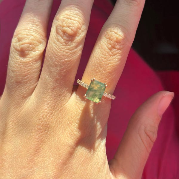 Natural Moss Agate Ring-emerald Cut Moss Agate Ring-gold-silver ...