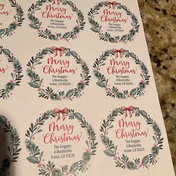 Christmas Card Address Label Sticker Round, Wreath Bow Personalized ...