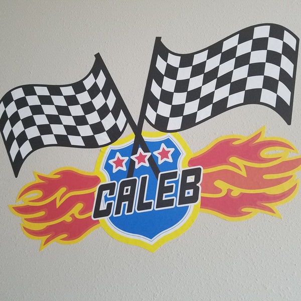 Race Flags With Custom Name Fabric Wall Decal - Racing Name Wall ...