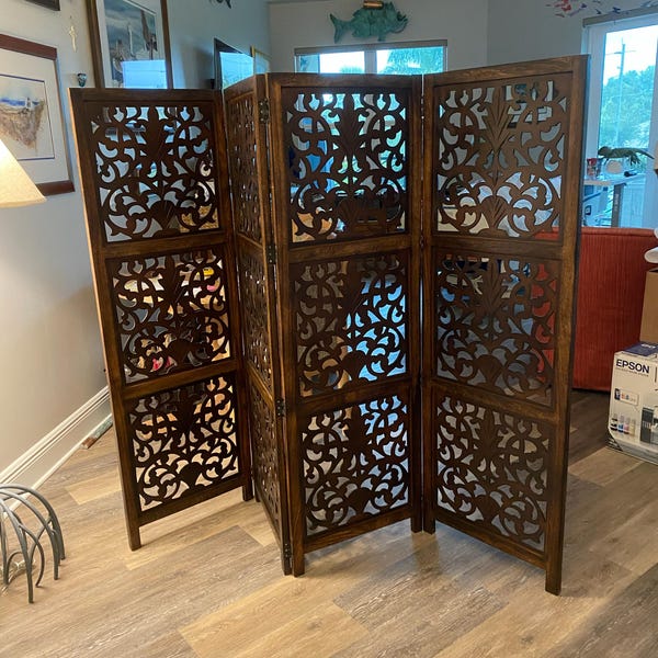 Mid Century Floral Design Wooden Folding Divider, Partition, Handmade ...