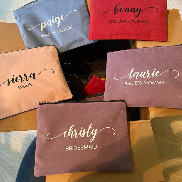 Personalized Suede Makeup Bag | Bridesmaid Cosmetic Bag | Custom Makeup ...