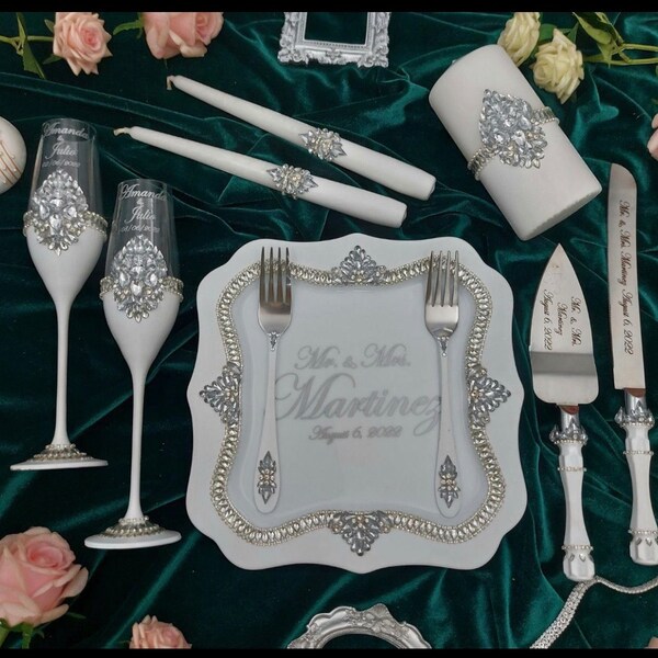 White Cake Cutting Set and Wedding Glasses for Bride and Groom White ...