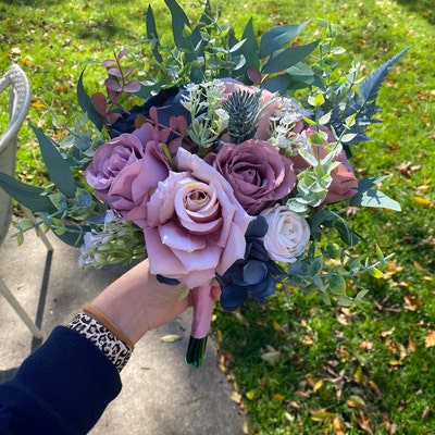 Dusty Rose Mauve Navy Blue Flowers Bridal Bouquet Faux Bouquet Blue ...