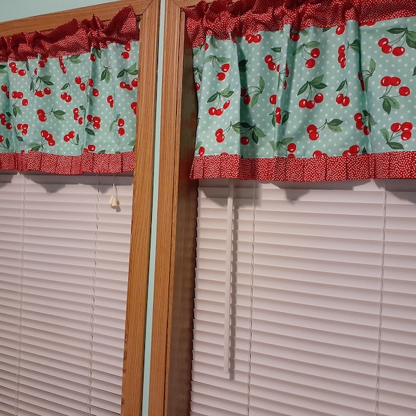 A. Retro Cherries Curtain, Valance, Fifties Style, Aqua and Red ...
