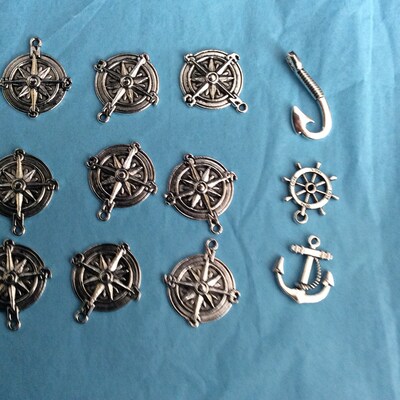 Bulk 8 Silver Compass Pendants, Antique Silver Charms, Compass Charms ...