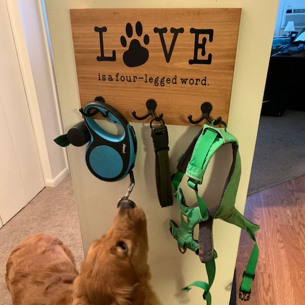 Rustic Dog Leash Holder: "love is a Four-legged Word" Wooden Organizer ...