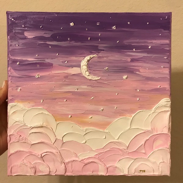 Pink Clouds Painting, Crescent Moon Oil Painting, Cute Canvas Wall Art ...